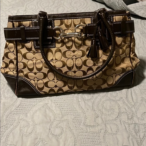 Coach | Bags | Coach Hampton Signature Handbag With Dark Brown Leather ...